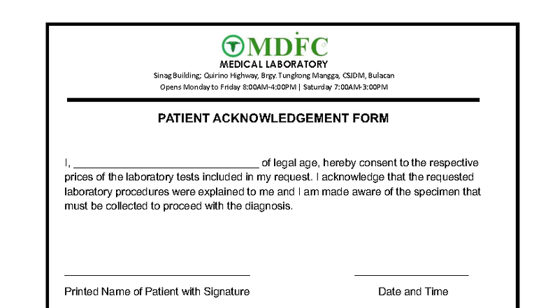 Patient Acknowledgement FORM - MEDICAL LABORATORY Sinag Building ...