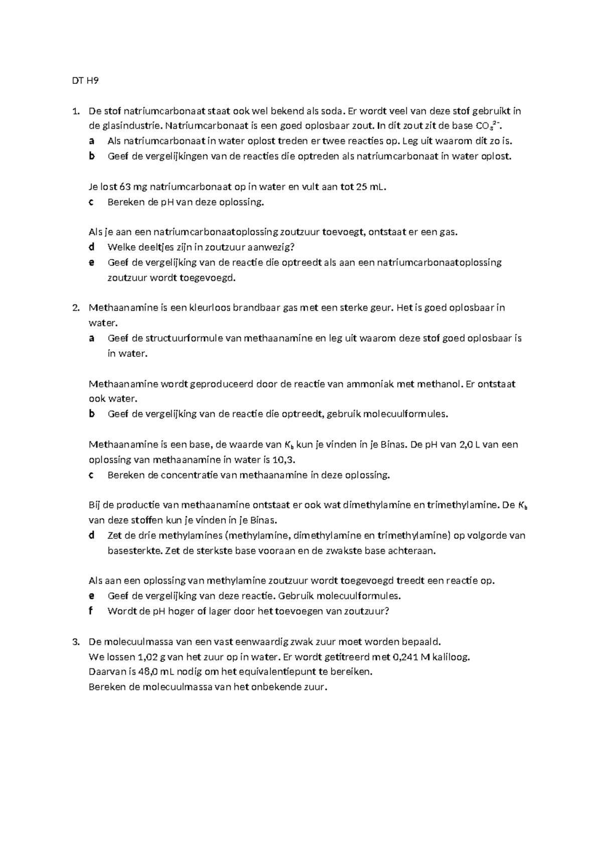 DT-H9 - Chemie Oefeningen: Natriumcarbonaat en Methaanamine Analyses ...