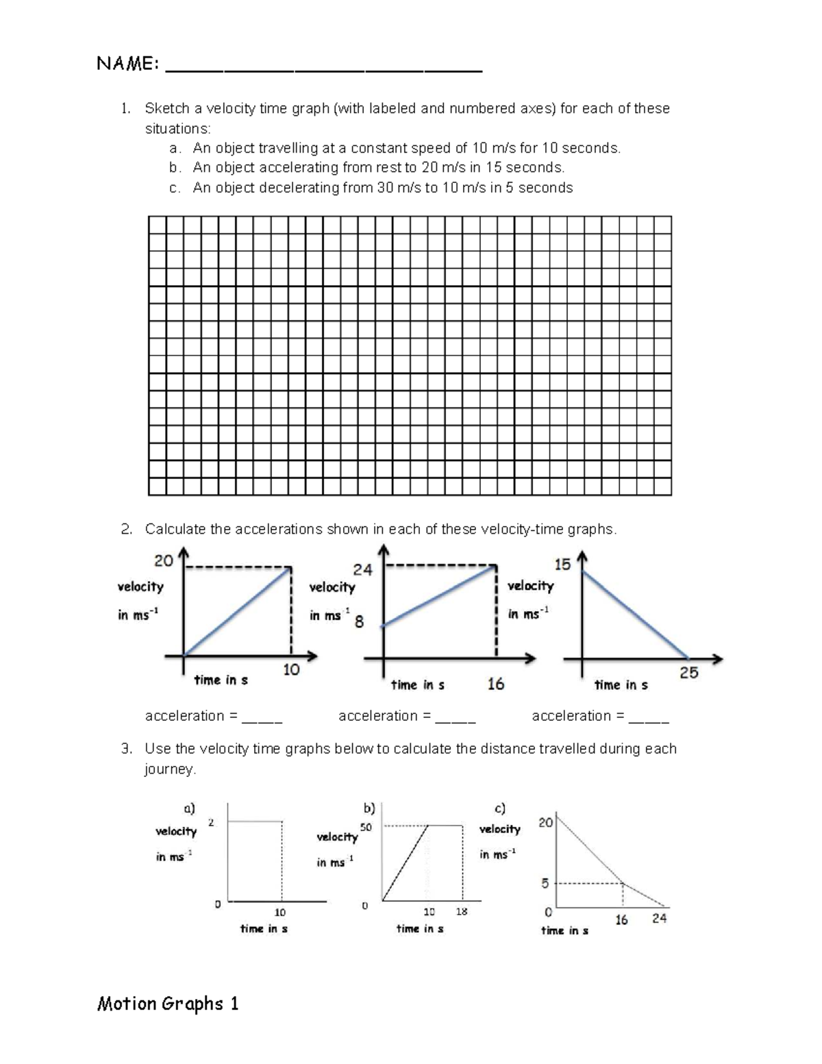 Motion Graphs Worksheet: Velocity-Time Graphs & Calculations - Studocu