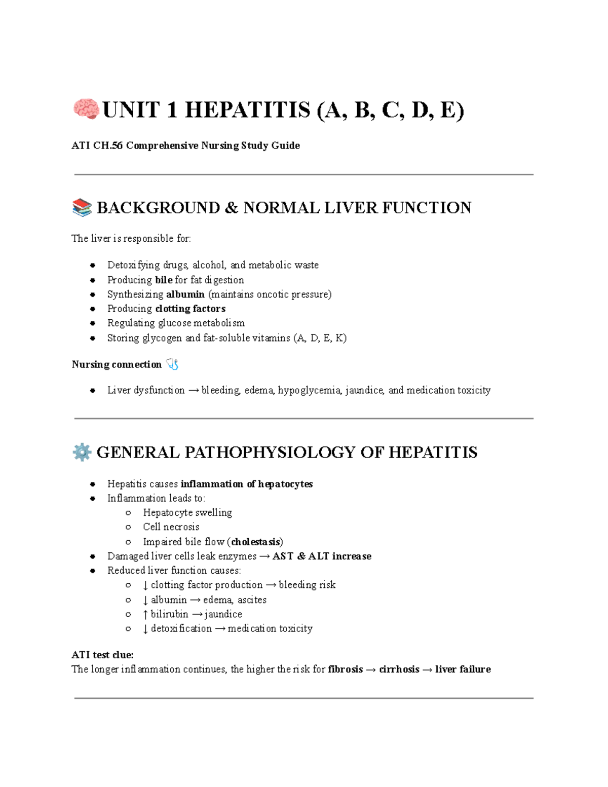Hepatitis (A, B, C, D, E) ATI CH.56 Comprehensive Nursing Study Guide ...