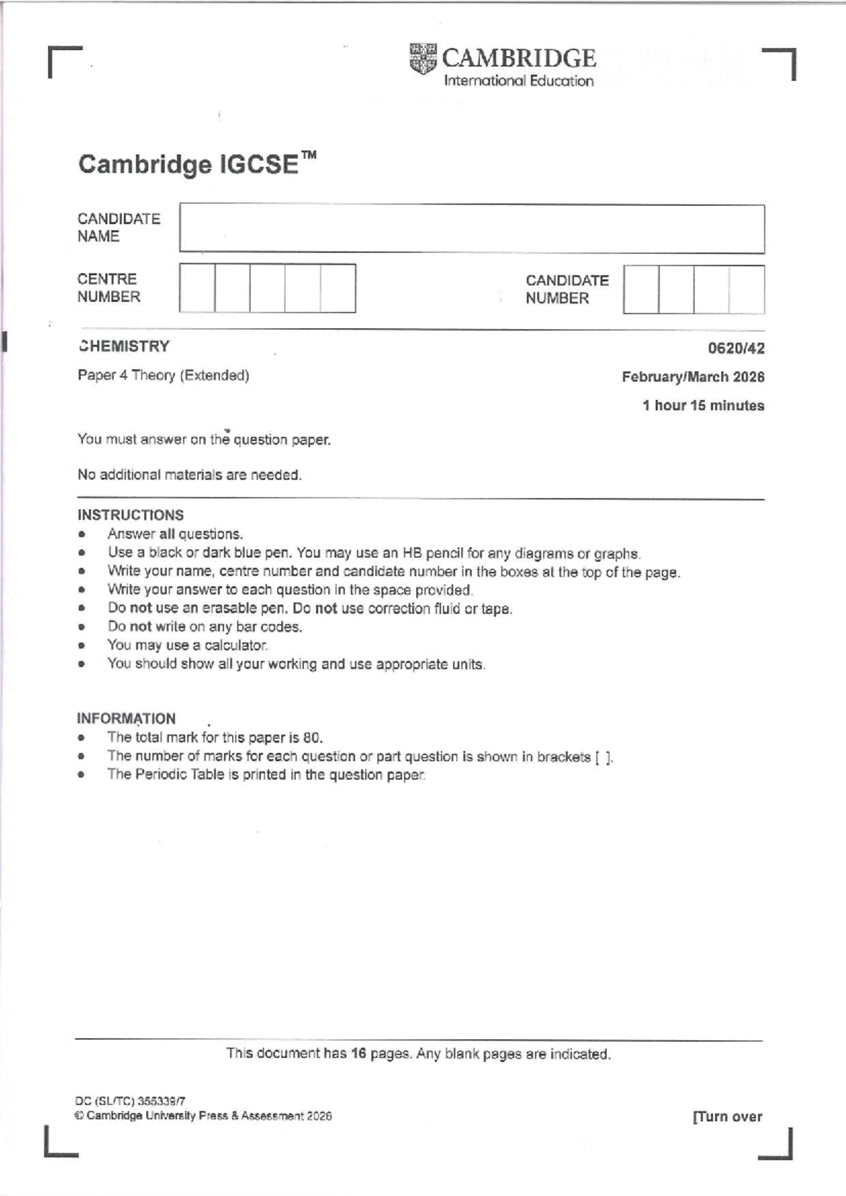 Chemistry A Paper 4 Theory (Extended) 0620/26 Exam 2026 - Studocu