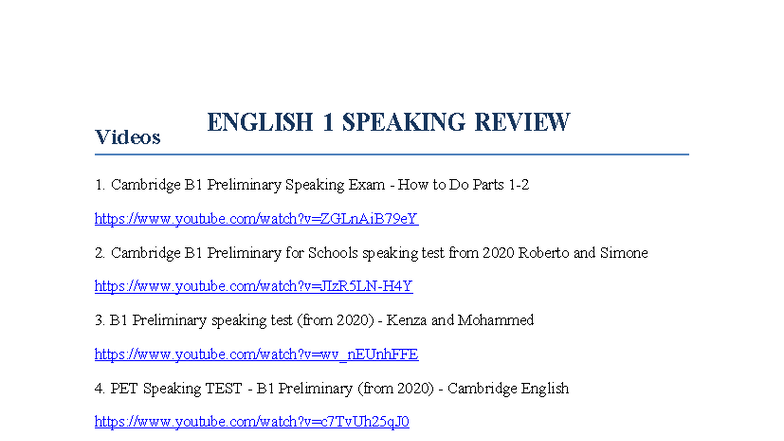 Cambridge B1 Preliminary Speaking Review: Key Questions & Tips - Studocu