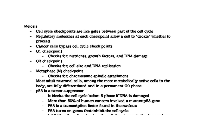 Meiosis and Cell Cycle Checkpoints Overview (BIO 101) - Studocu