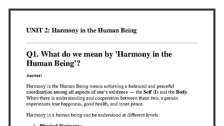 UNIT 2: Harmony in the Human Being - Understanding Self and Body - Studocu