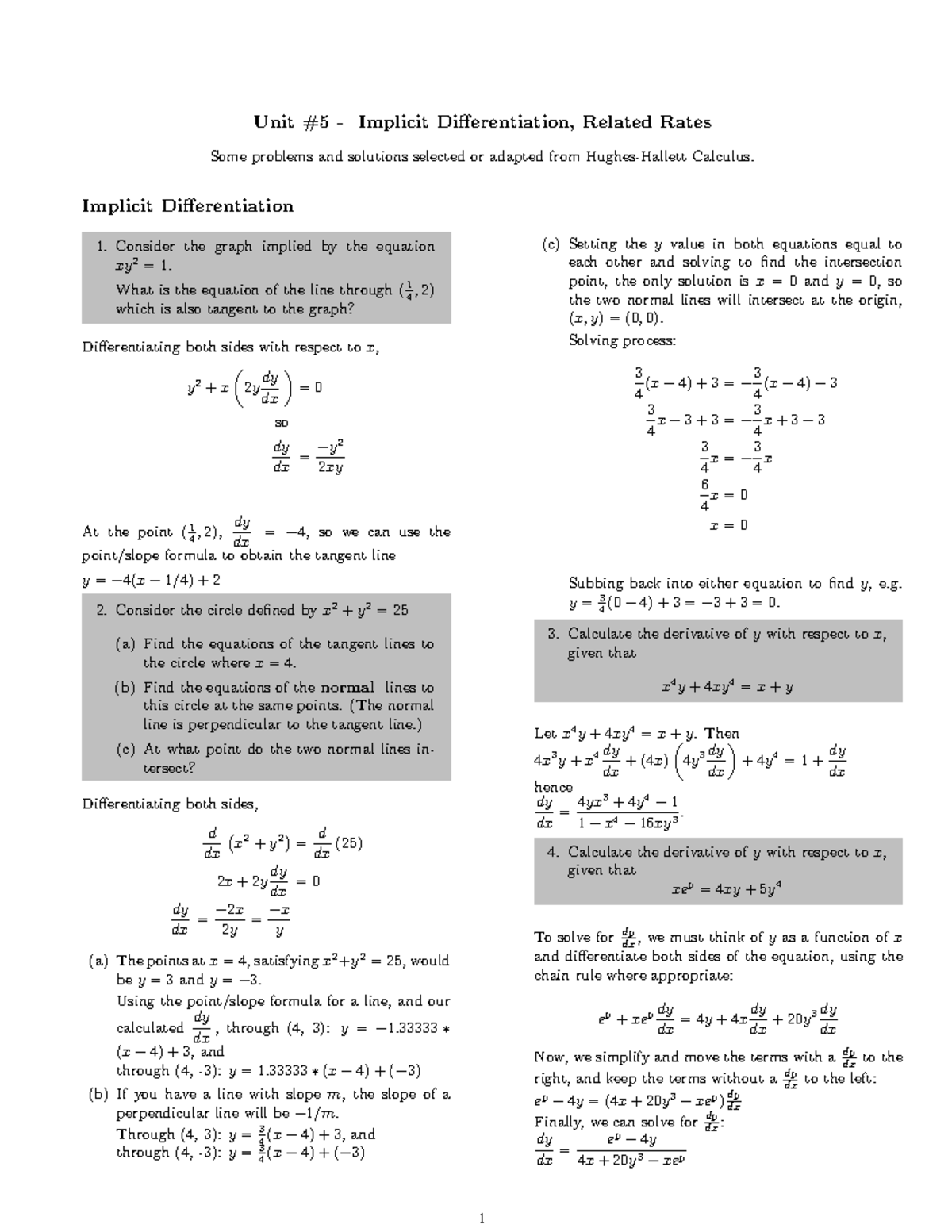 Implicit Diff-Worksheet - Unit #5 - Implicit Differentiation, Related ...