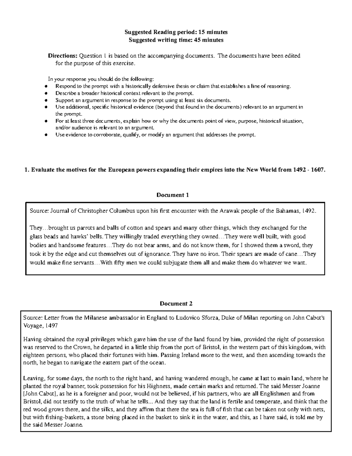 DBQ: Motives for European Colonization (1492-1607) - Studocu