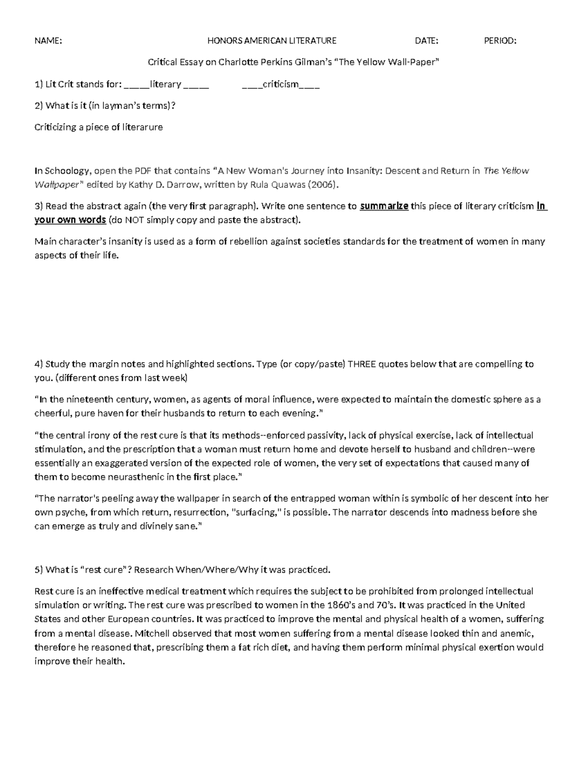 Yellow Wallpaper Lit Crit Worksheet - NAME: HONORS AMERICAN LITERATURE ...