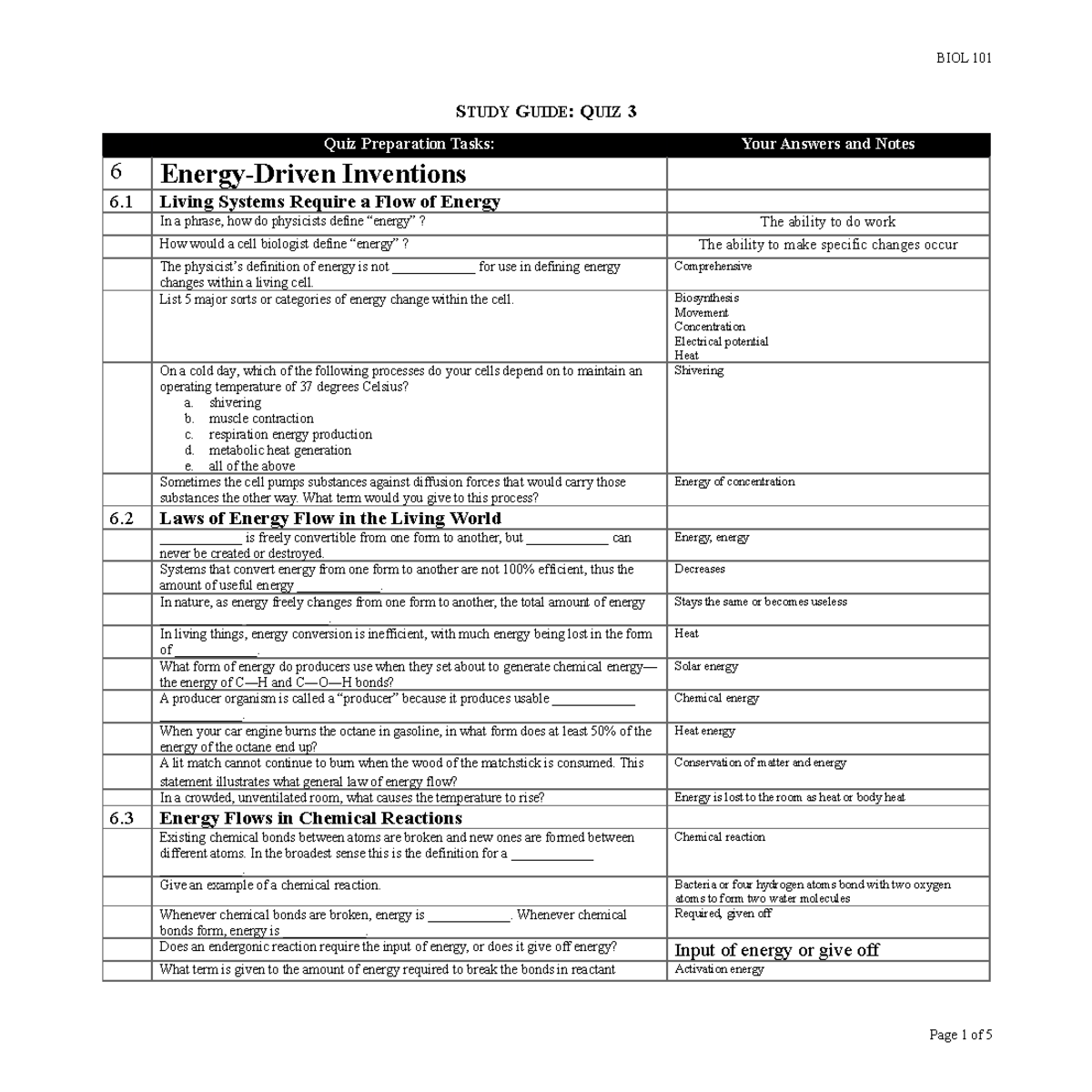 Study Guide: Quiz 3 on Energy Flow and Biological Information - Studocu
