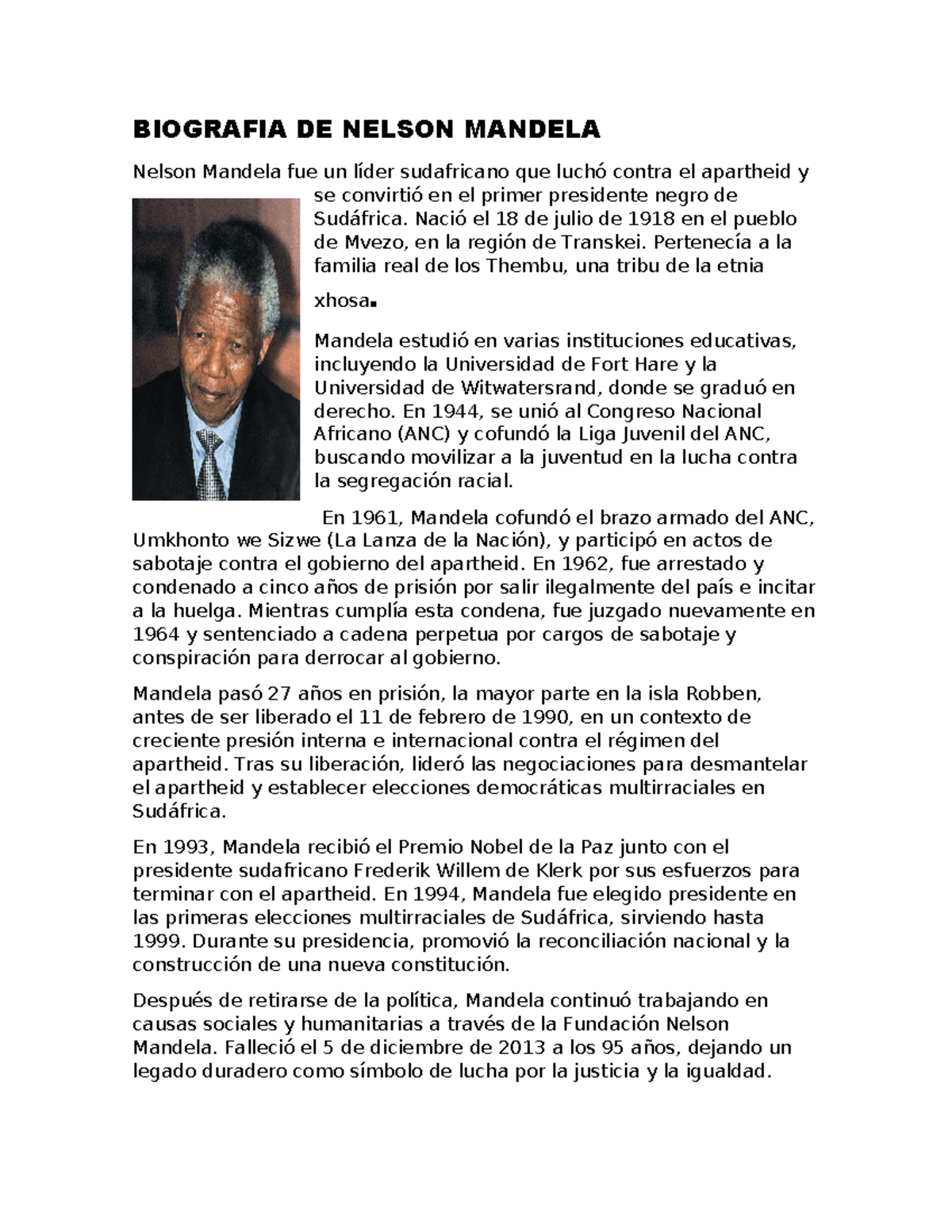 Biografia DE Nelson Mandela - BIOGRAFIA DE NELSON MANDELA Nelson Mandela fue un líder ...
