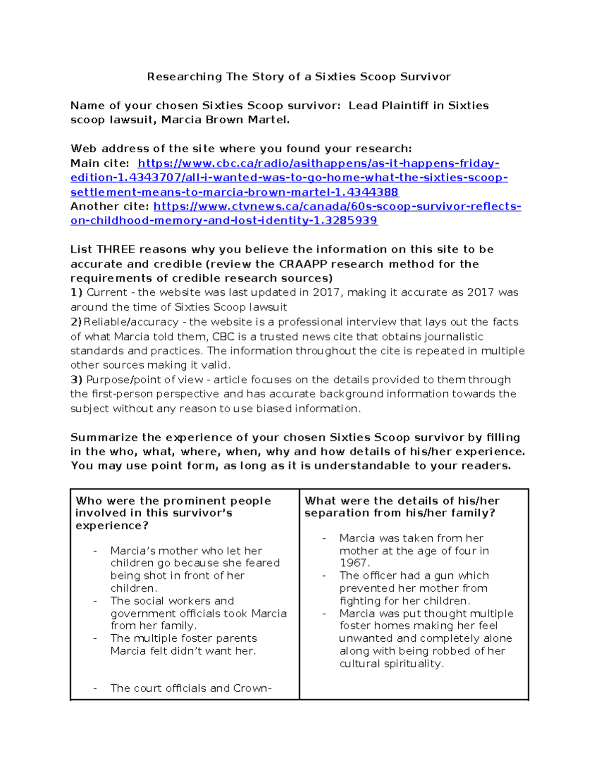 Assignment 16 - Research on Sixties Scoop Survivor Martel - Studocu