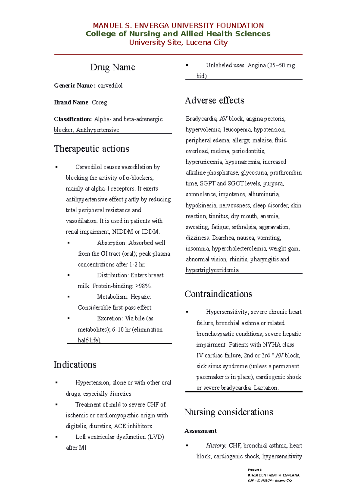 Carvedilol - DRUG Study - MANUEL S. ENVERGA UNIVERSITY FOUNDATION ...