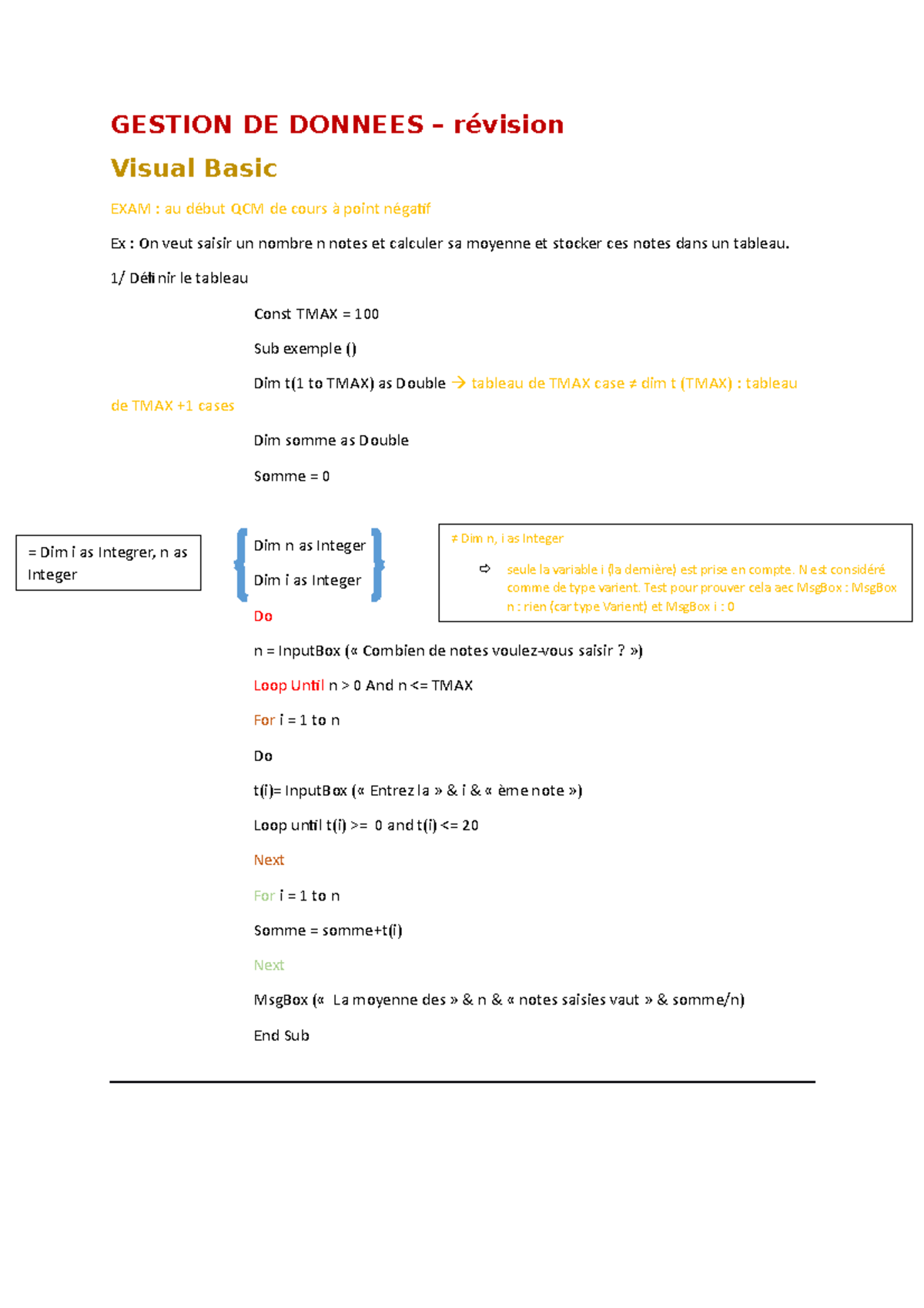 Gestion DE Donnees CM4 - GESTION DE DONNEES – révision Visual Basic ...