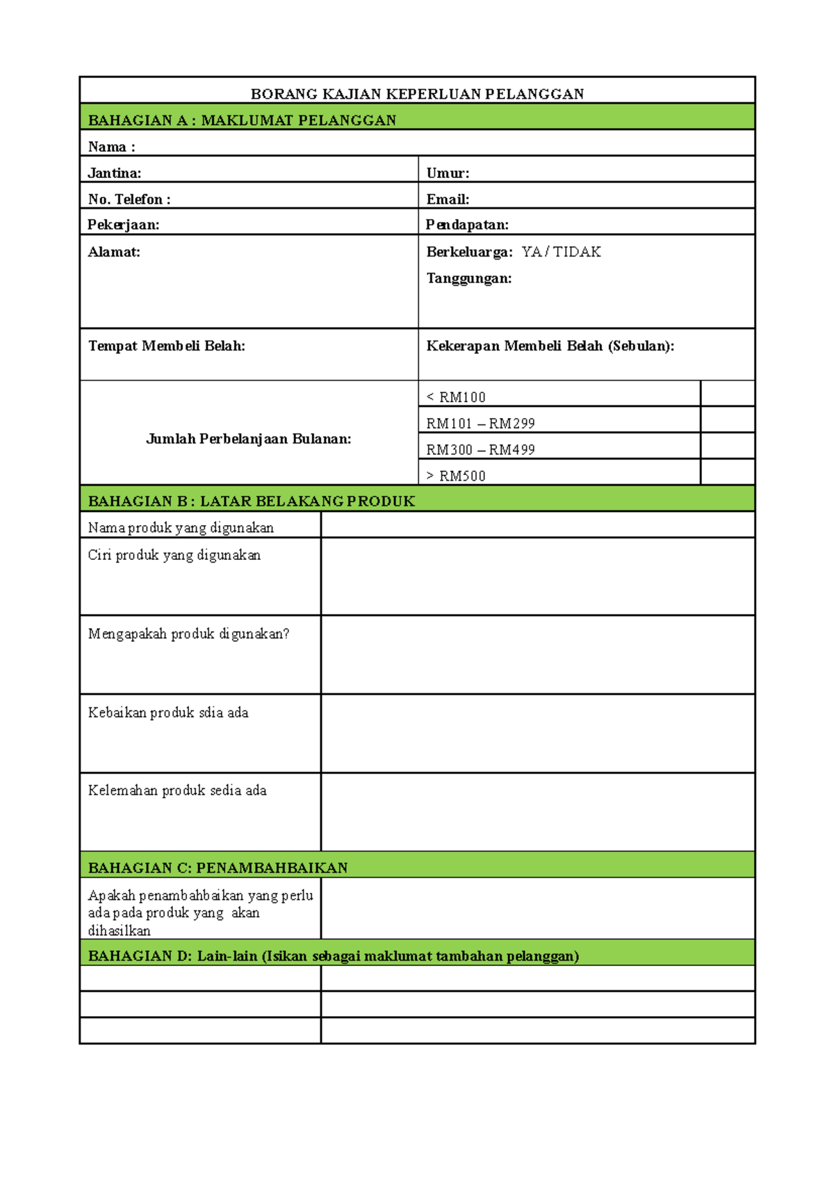 RBT Folio for tingkatan 3 - BORANG KAJIAN KEPERLUAN PELANGGAN BAHAGIAN A : MAKLUMAT PELANGGAN ...