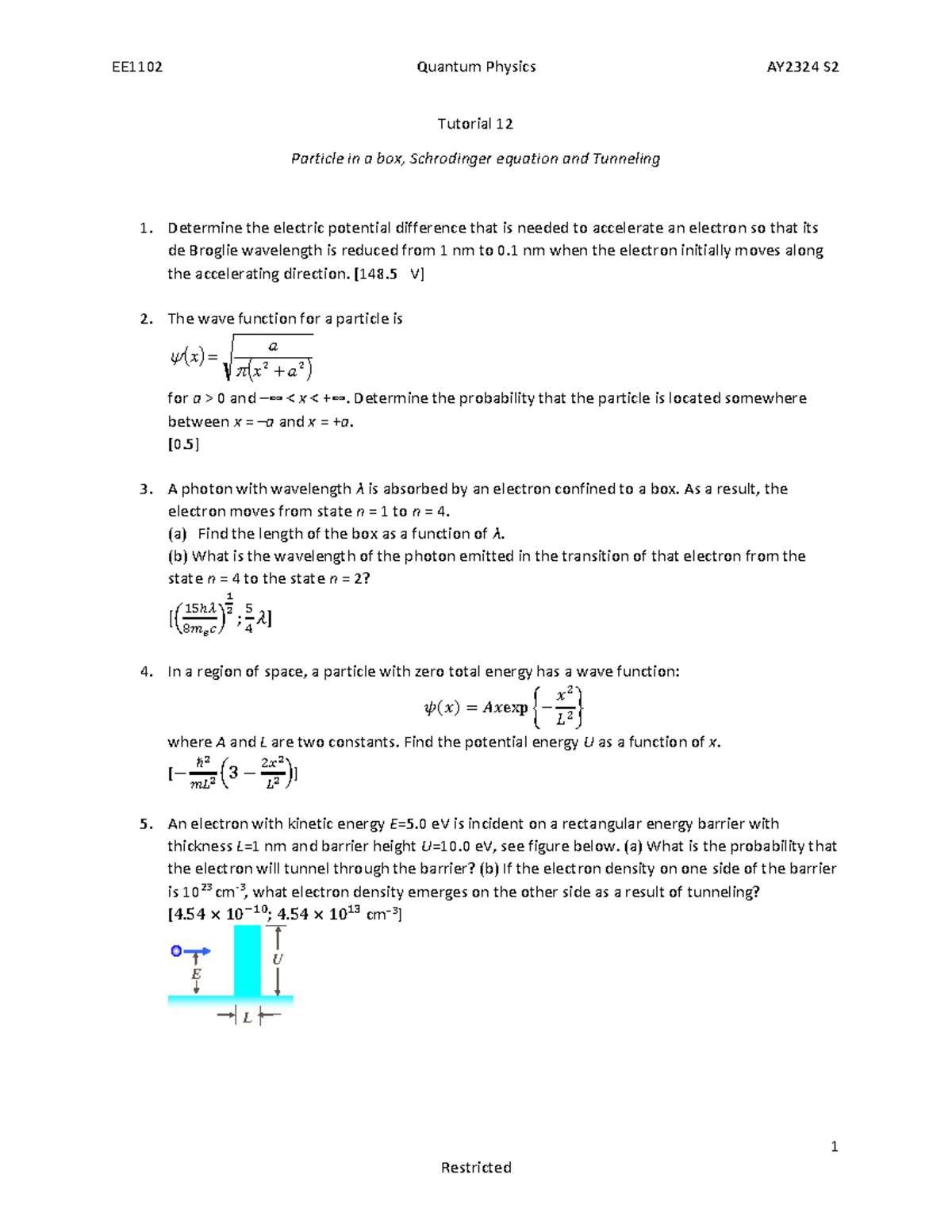 Tutorial 12 Questions - EE1102 Quantum Physics AY2324 S2 - Studocu