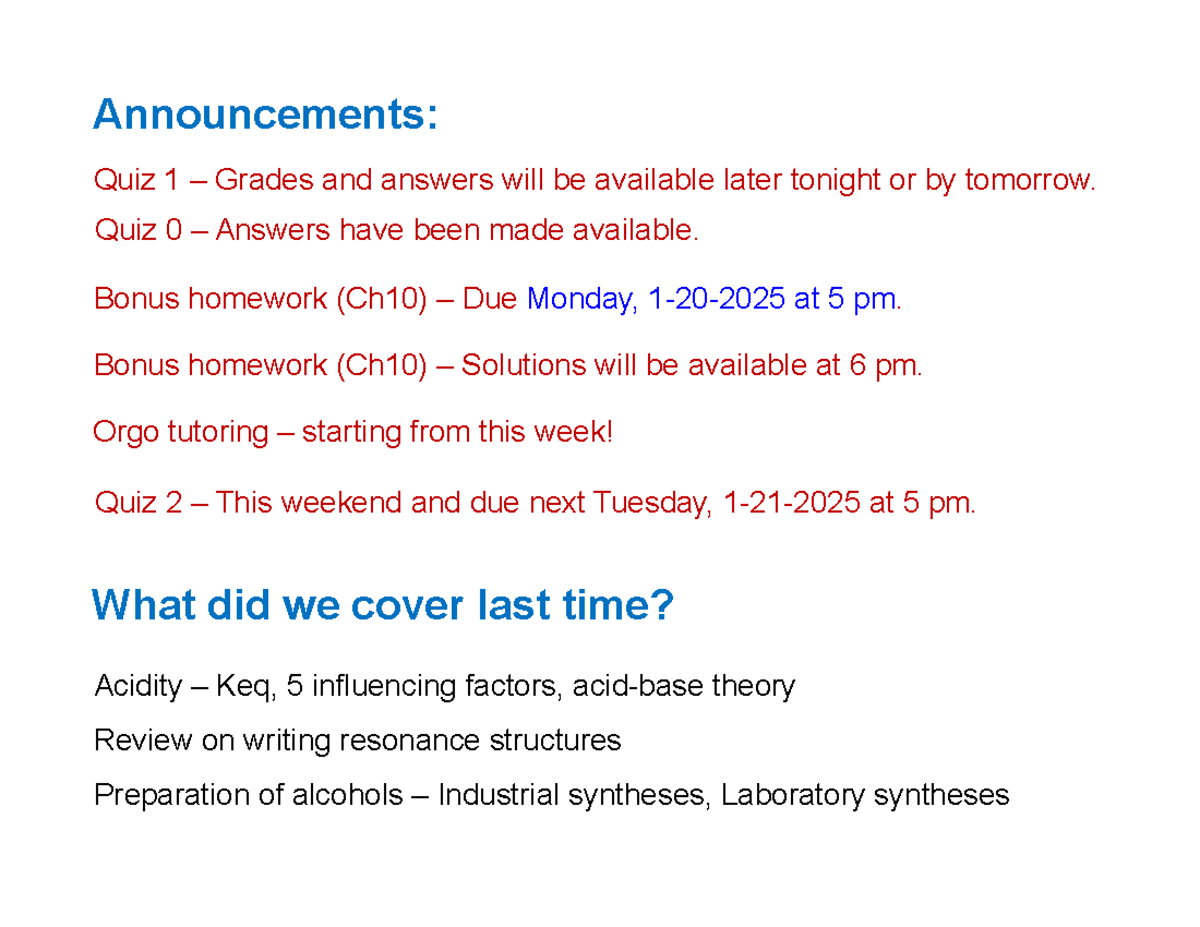 Chem 242 Lecture - Week 2 (Ch10 & Ch11) - Announcements:Quiz 1 – Grades ...