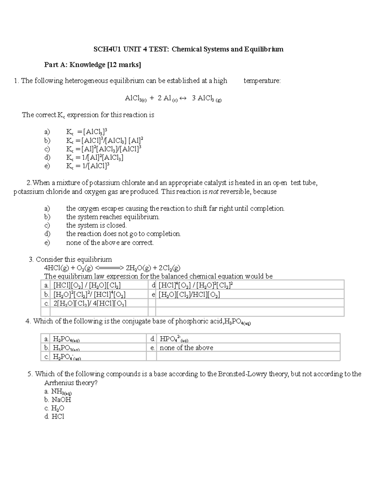 SCH4U1 UNIT 4 TEST: Chemical Systems & Equilibrium Review - Studocu
