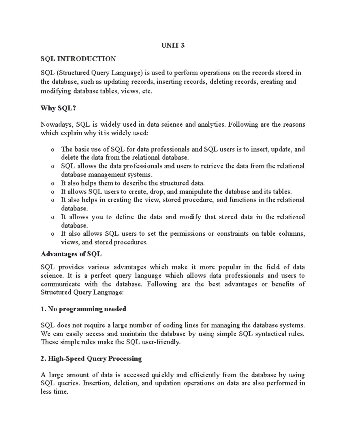 FSWD UNIT 3 SQL: Introduction to Structured Query Language - Studocu