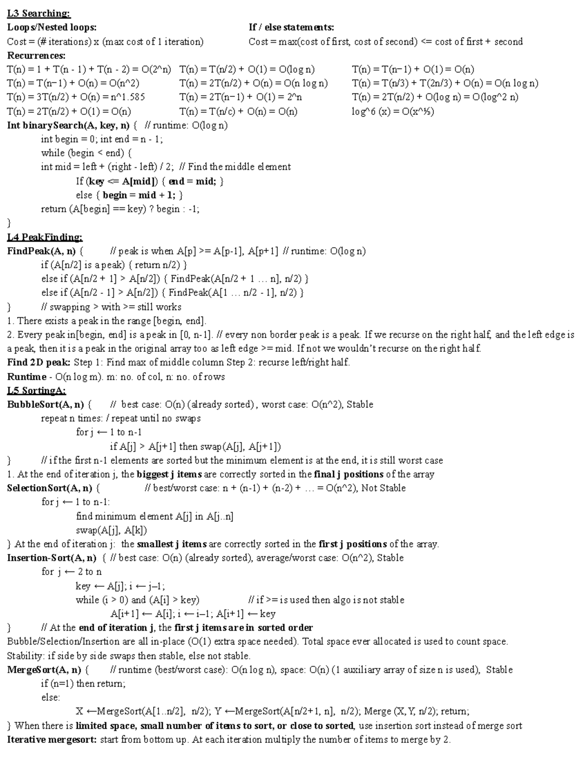 CS2040S Midterm Exam Cheatsheet: Algorithms and Complexity Analysis - Studocu