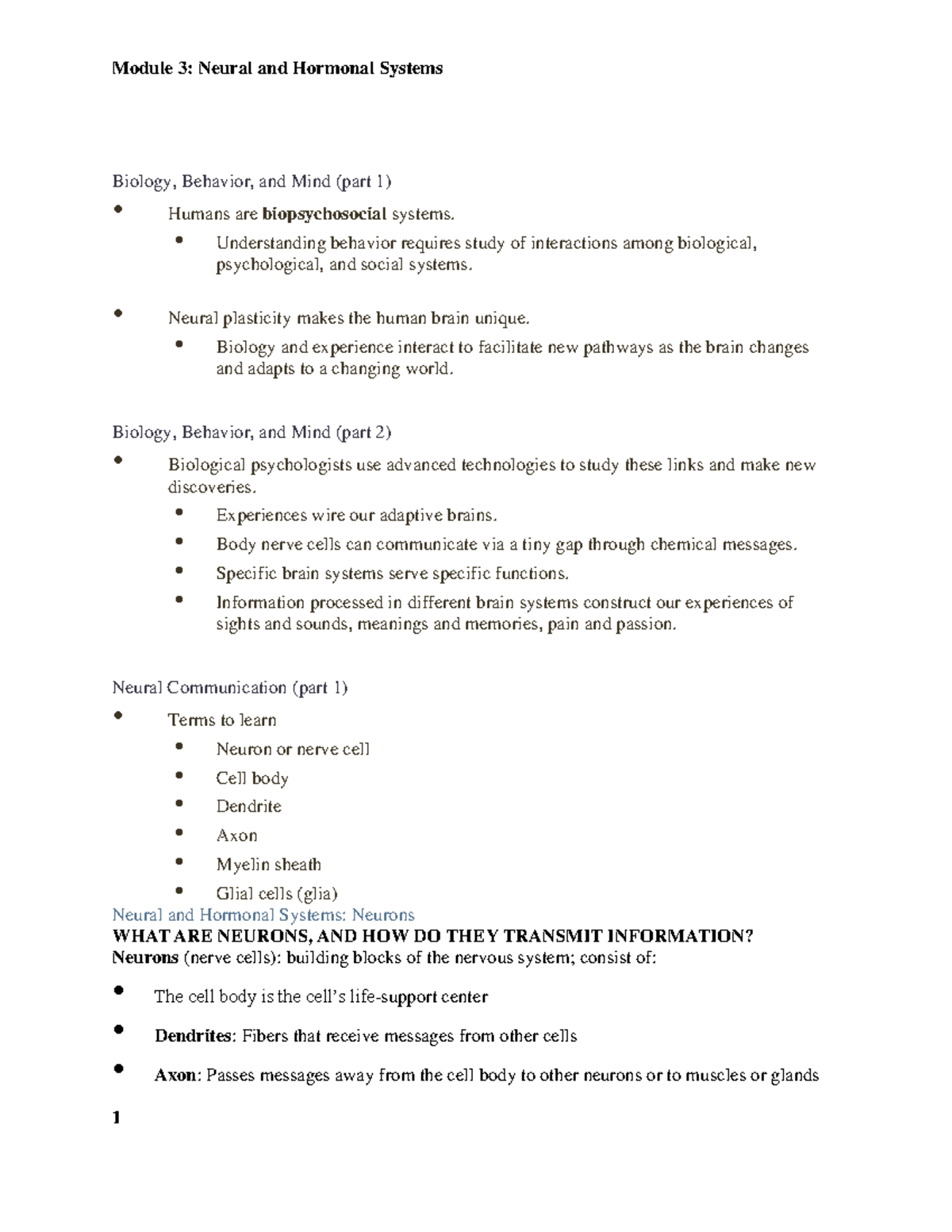 Module 3: Neural and Hormonal Systems Overview - Bio & Behavior - Studocu