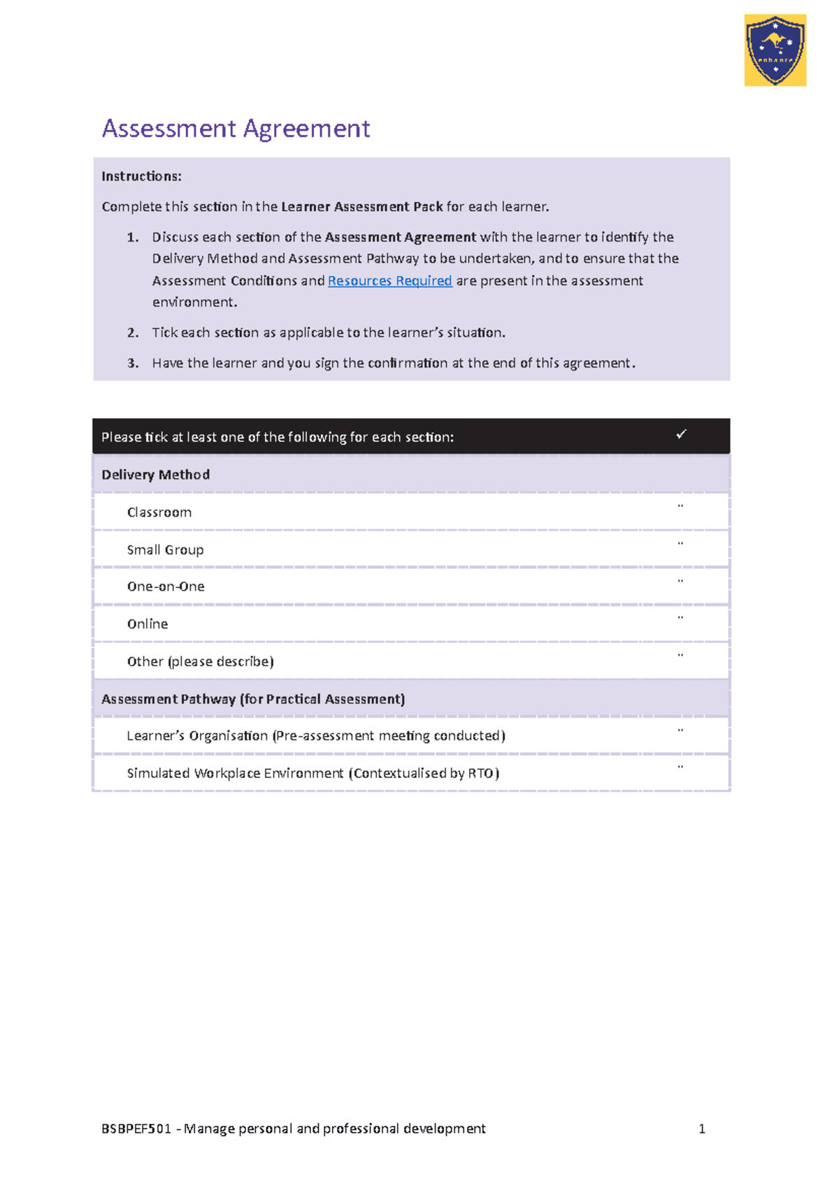 B SBPEF 501 - Student Assessment Agreement and Practical Tasks Guide ...