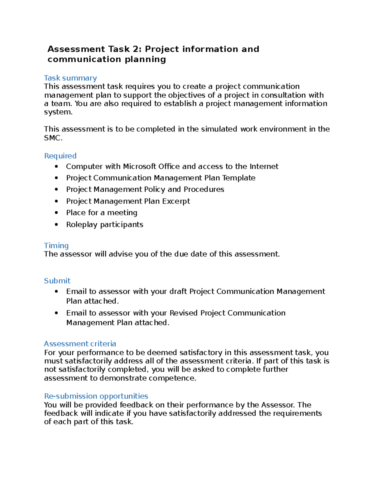 Assessment Task 2 - Project Communication Management Plan for PMA - Studocu
