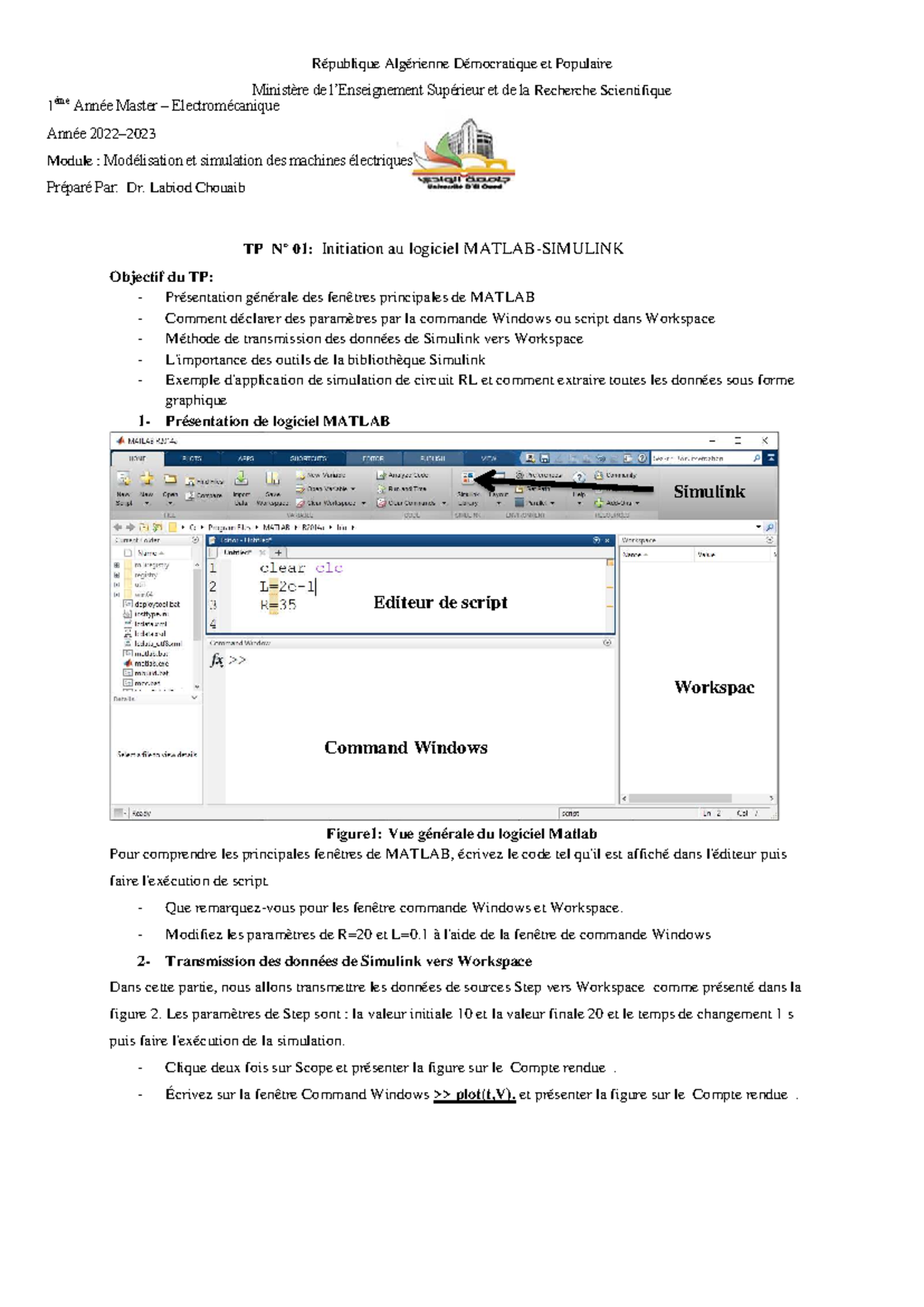 TP 01: Introduction à MATLAB et Simulink - Master Electromécanique - Studocu