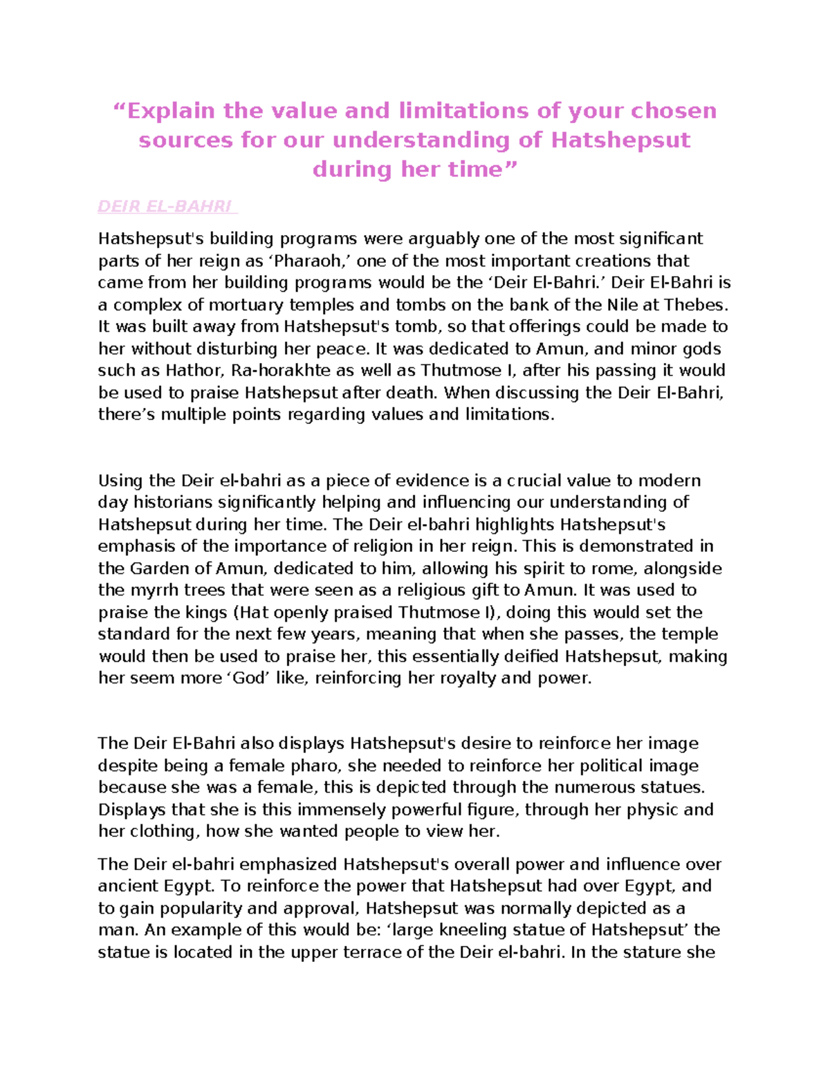 Assessment Task: Value & Limitations of Sources on Hatshepsut - Studocu