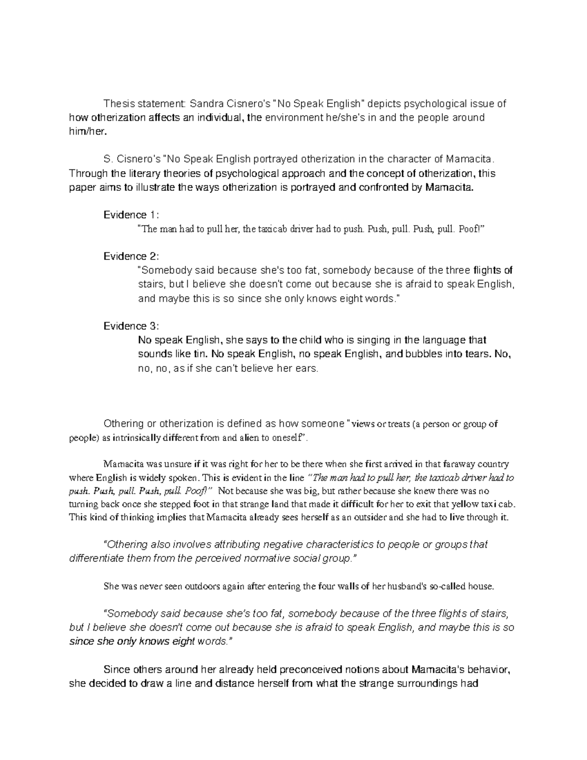 CIS 101 Critique Writing: Otherization in Sandra Cisneros' "No Speak ...