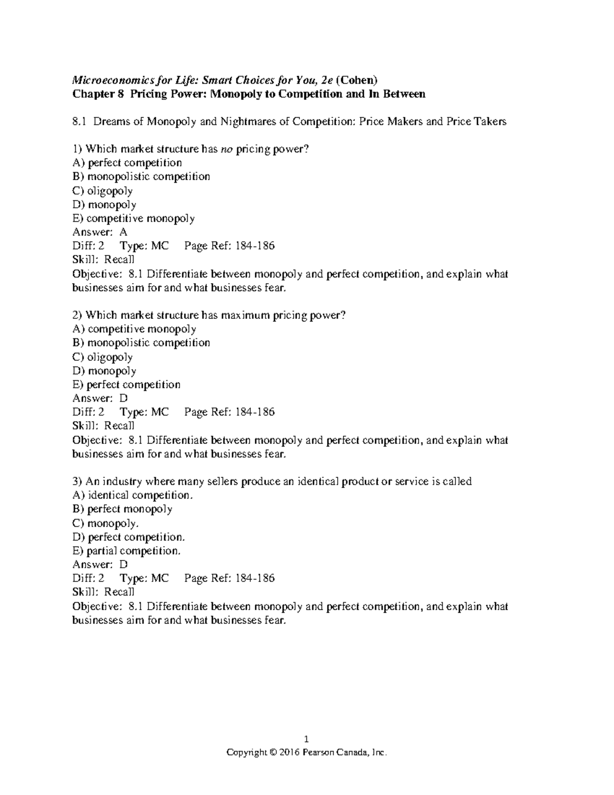 ECON1000 - Chapter 8 Test Bank - 2020 - 1 Microeconomics for Life ...