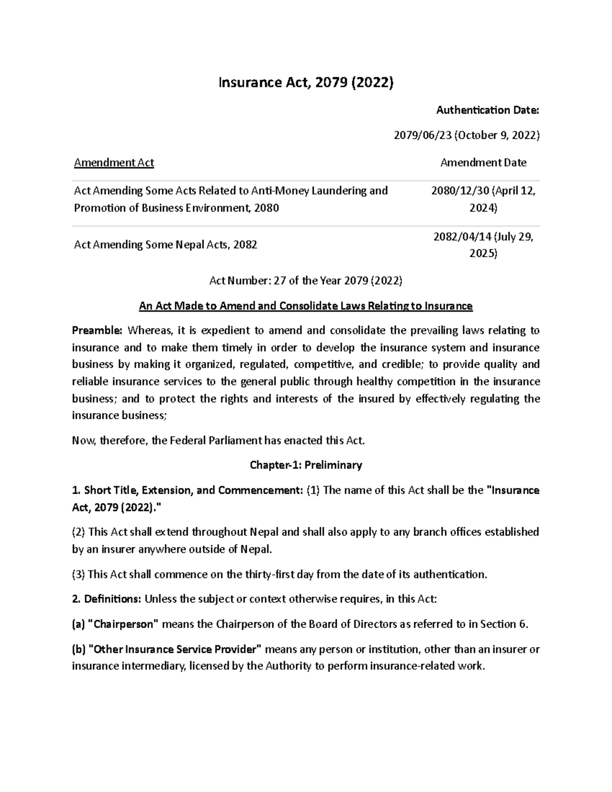 Preliminary Draft of Insurance Act, 2079: Key Provisions and Amendments ...
