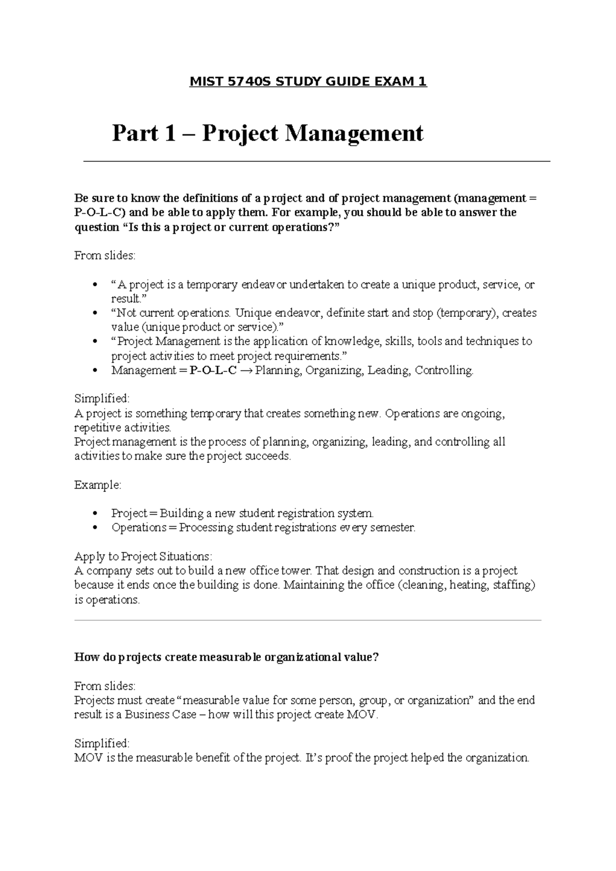 MIST 5740S Study Guide: Project Management Exam 1 Insights - Studocu