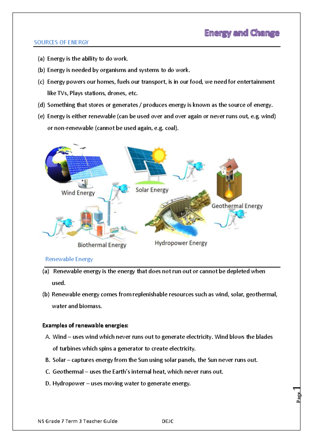 Grade 7 NS Term 3 Teacher Guide: Sources and Types of Energy - Studocu