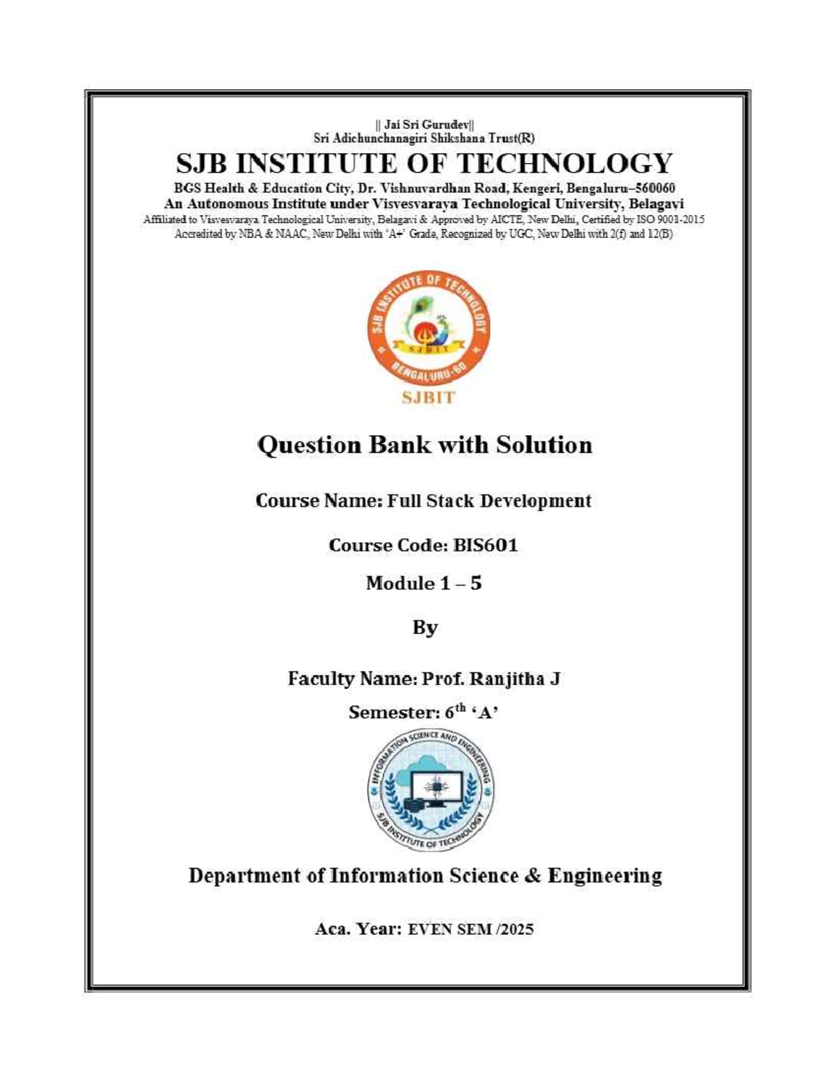 Question Bank with Solutions for Full Stack Development (BIS601) - Studocu