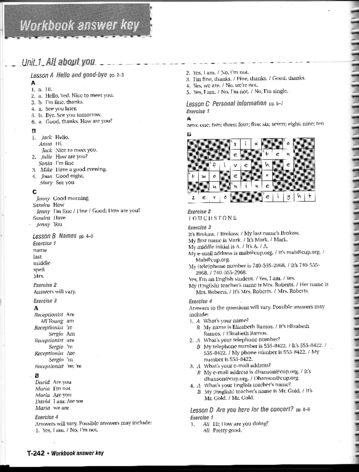 Workbook Answer Key: Teacher Guide to Touchstone 1 English Course - Studocu