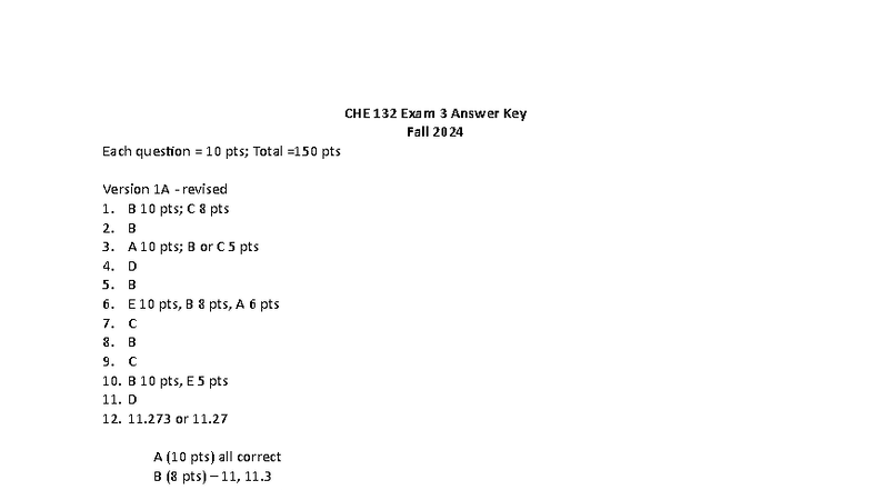 CHE 132 Exam 3 Answer Key Fall 2024 Revised Version 1A - Studocu
