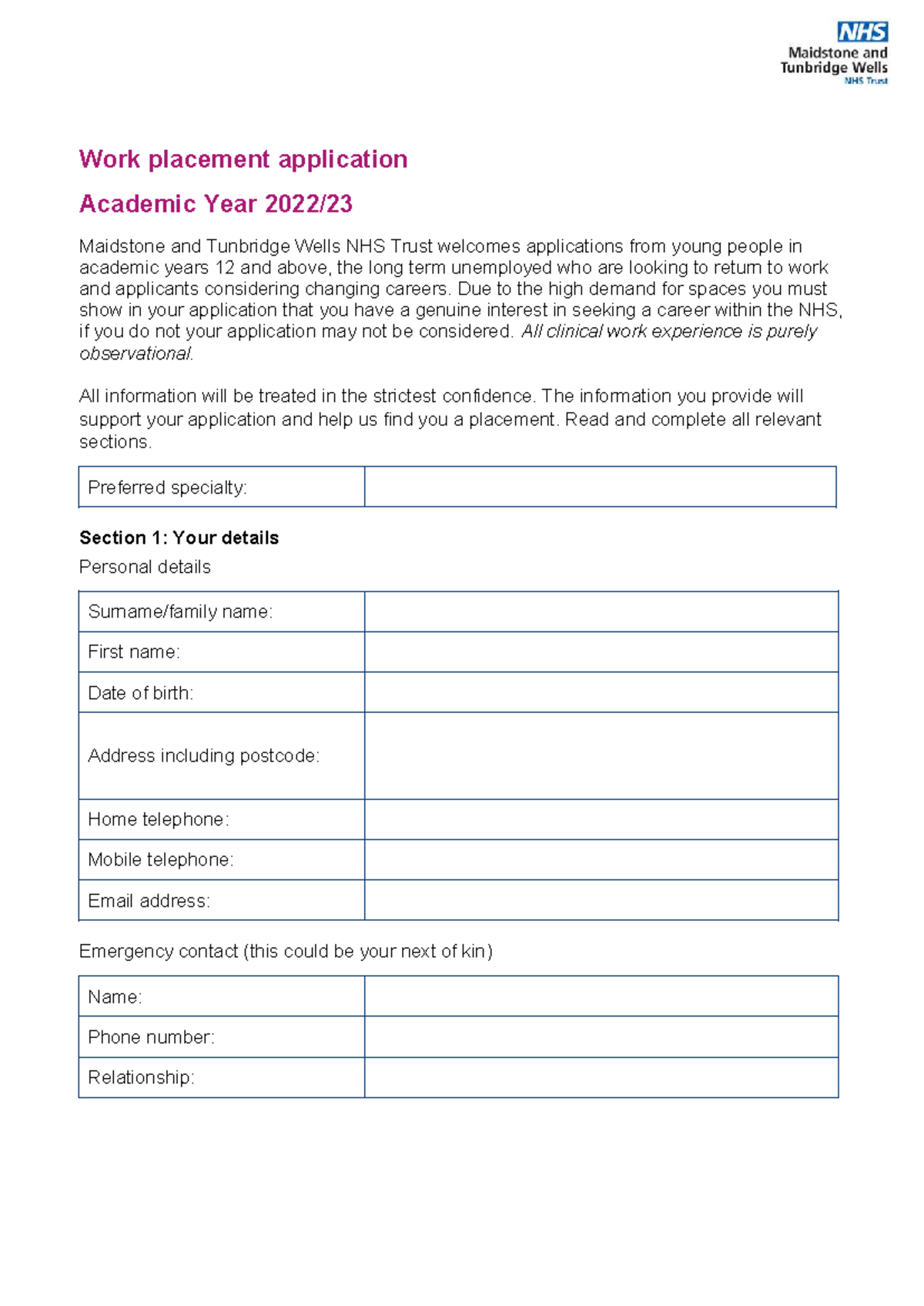 Mtwme-Work Experience Application Form for NHS Trust - Studocu
