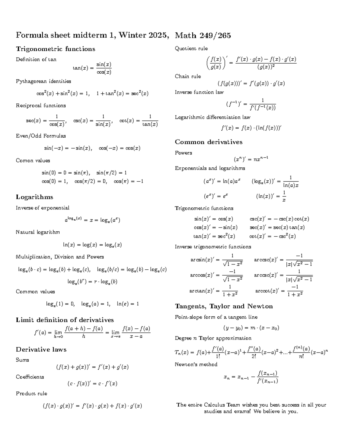 Midterm 1 Formula Sheet for Math 2025: Trigonometric Functions - Studocu