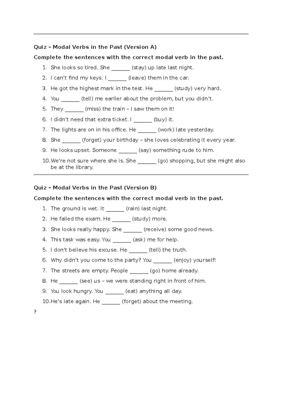 Quiz: Modal Verbs in the Past (Course Code: MV101) - Studocu