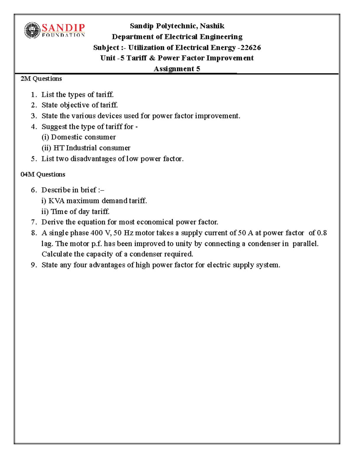 UEE Assignment 5: Utilization of Electrical Energy & Power Factor Improvement - Studocu