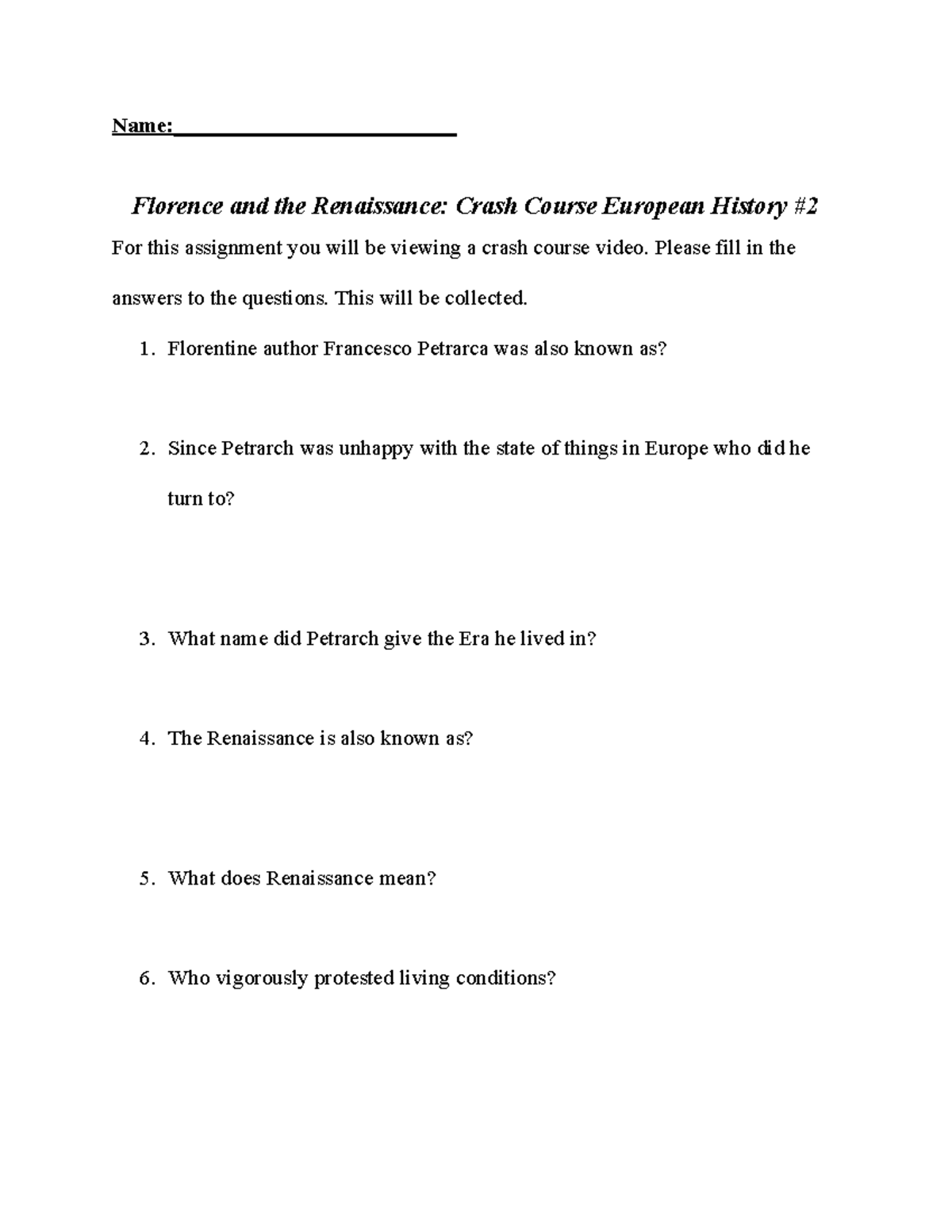 Renaissance Crash Course Worksheet: European History Insights - Studocu