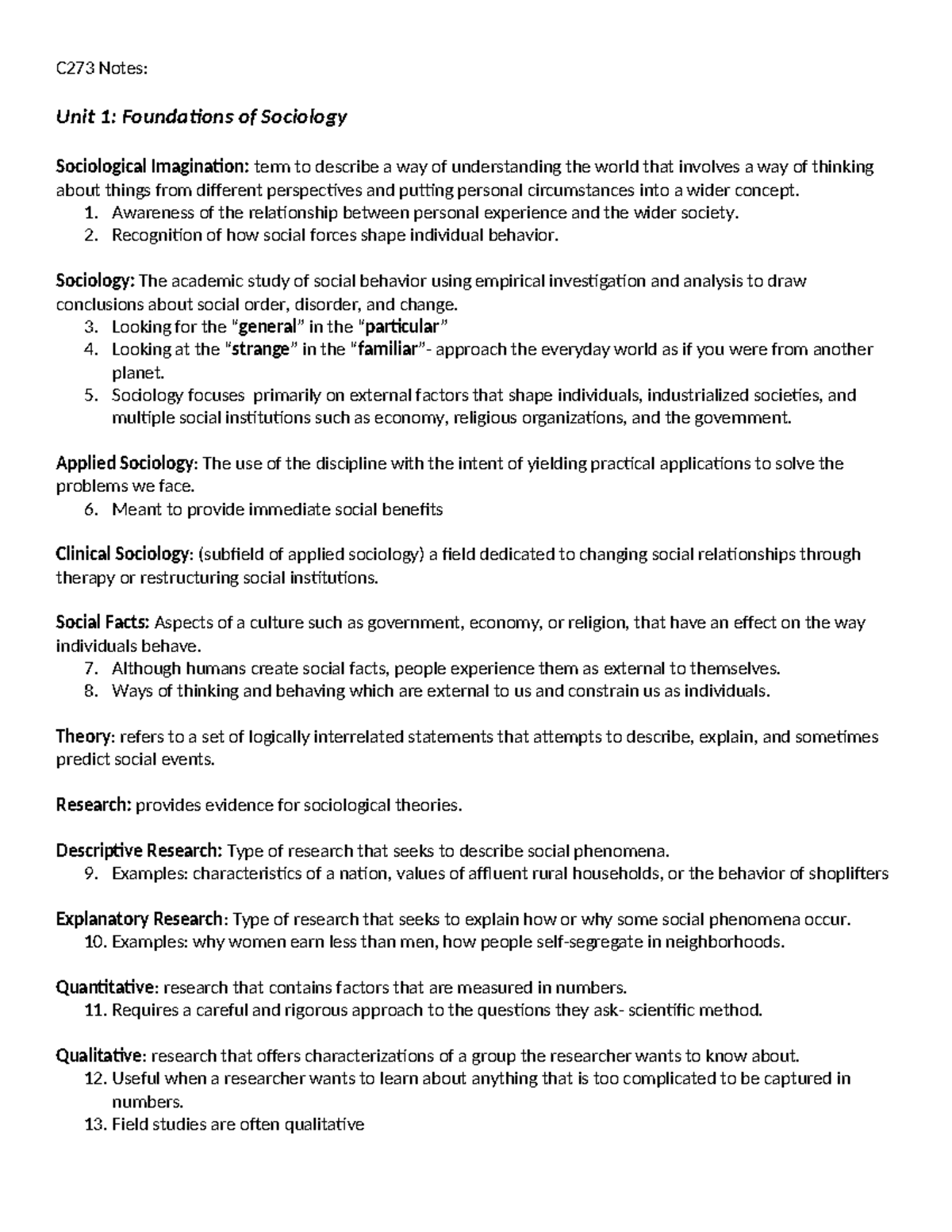 C273 Notes: Unit 1 - Foundations of Sociology Overview - Studocu