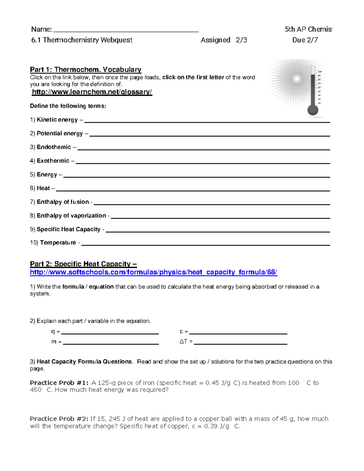 6.1 Thermochemistry Webquest: Key Concepts & Problem Solving Guide ...