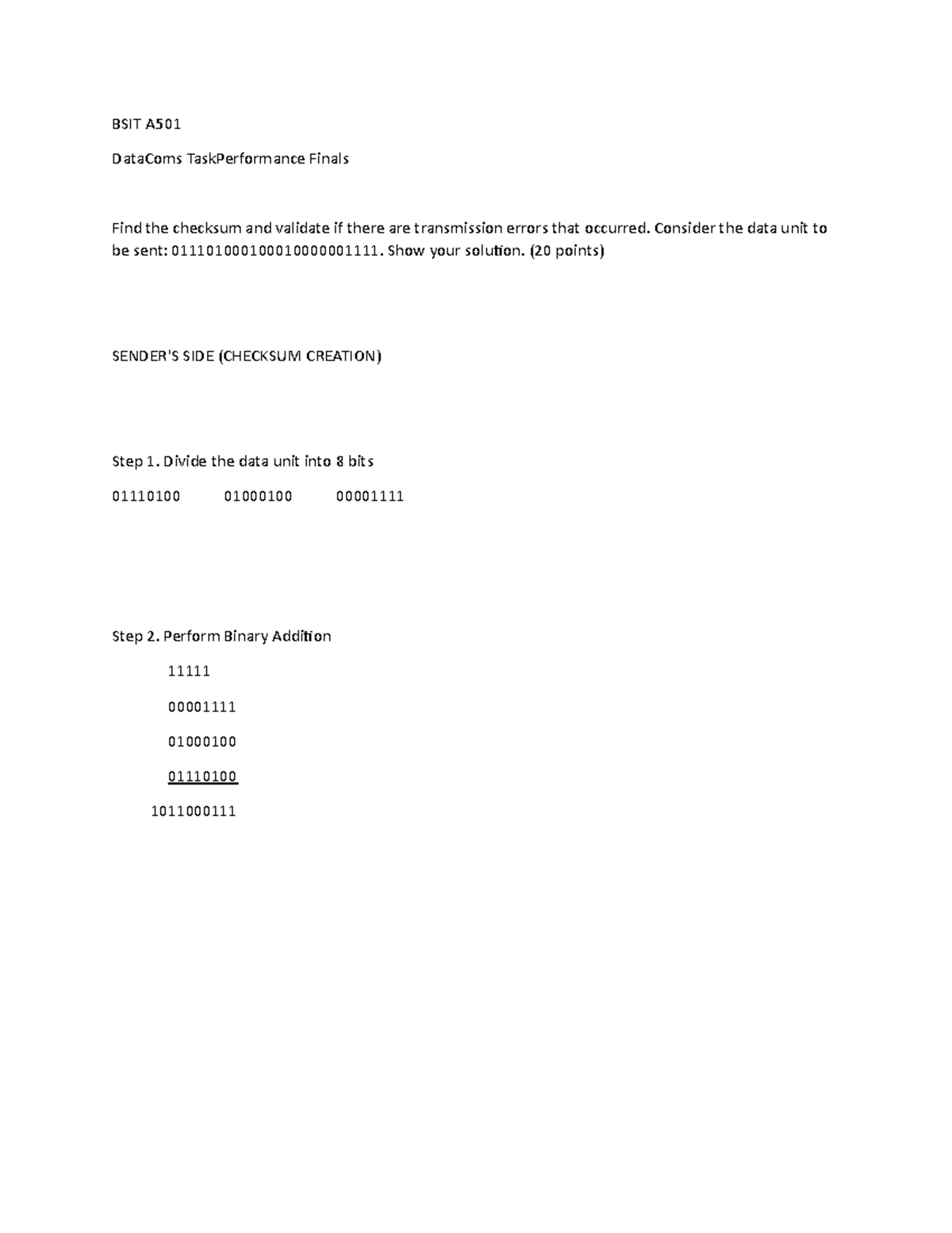 BSIT A DataComs Task Performance 1 Finals: Checksum & Error Validation - Studocu
