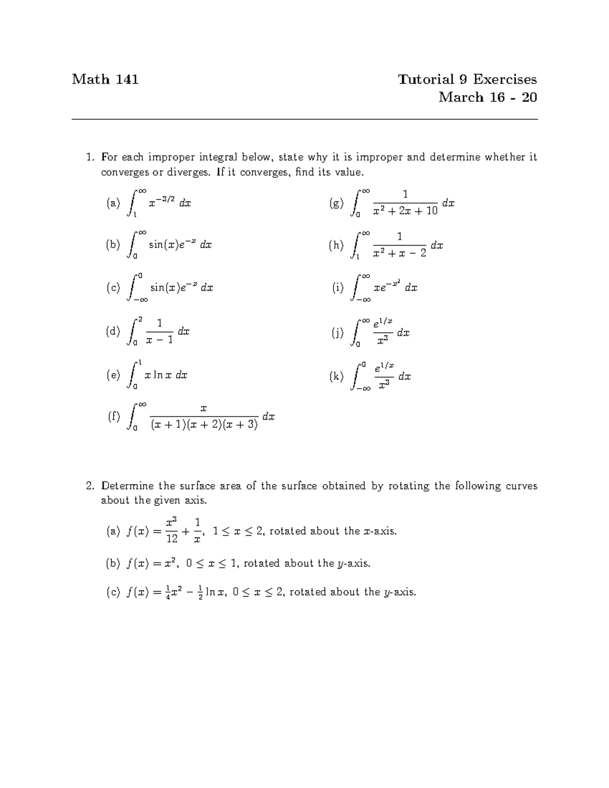Math 141 - Tutorial 9: Improper Integrals & Surface Area Exercises ...