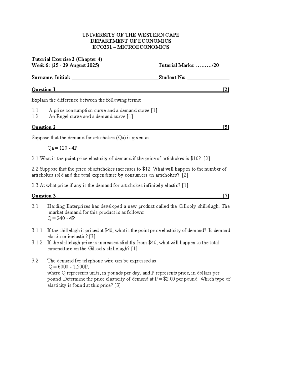 ECO231 Microeconomics Tutorial 2: Price Elasticity & Demand Concepts ...