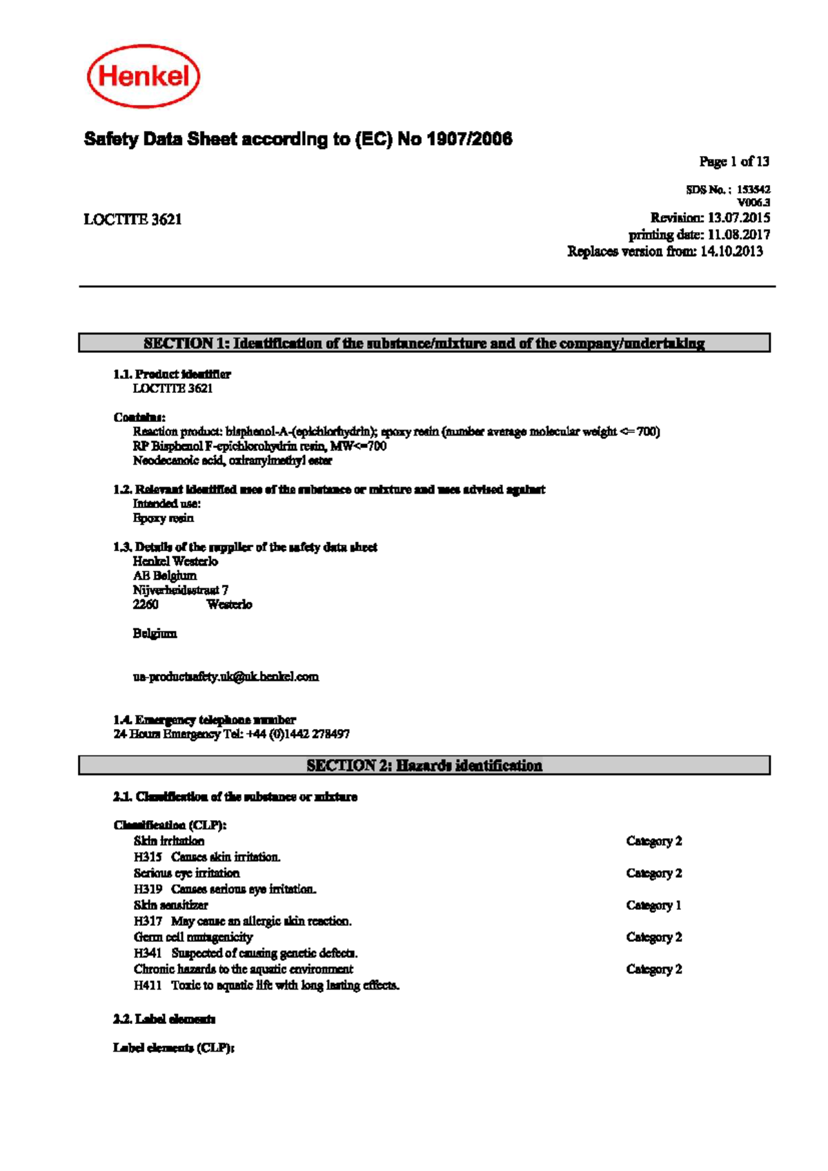 Loctite 3621 Safety Data Sheet (SDS) - Revision V006.3 - Studocu