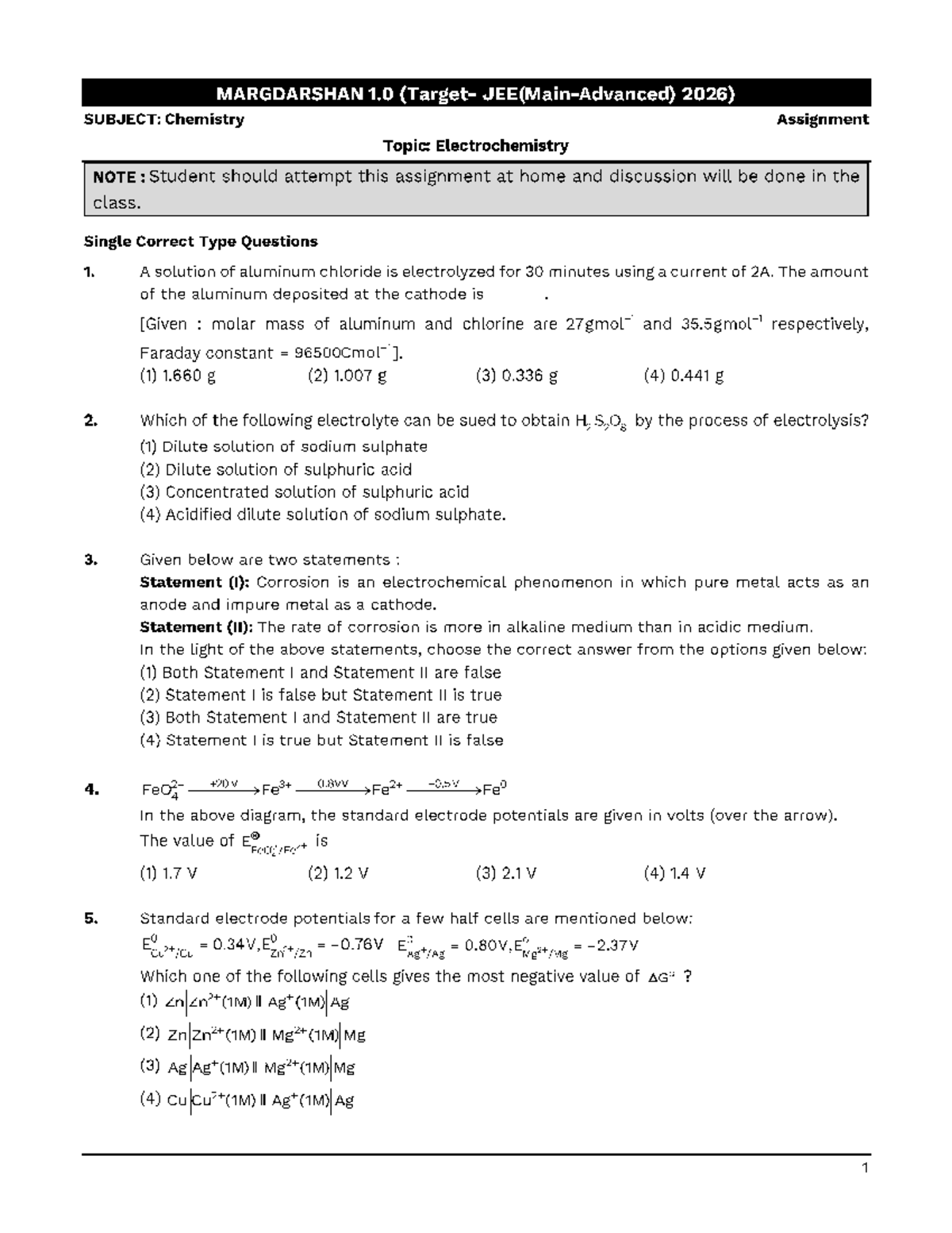 Chemistry Assignment: Electrochemistry Practice Questions for JEE 2026 ...