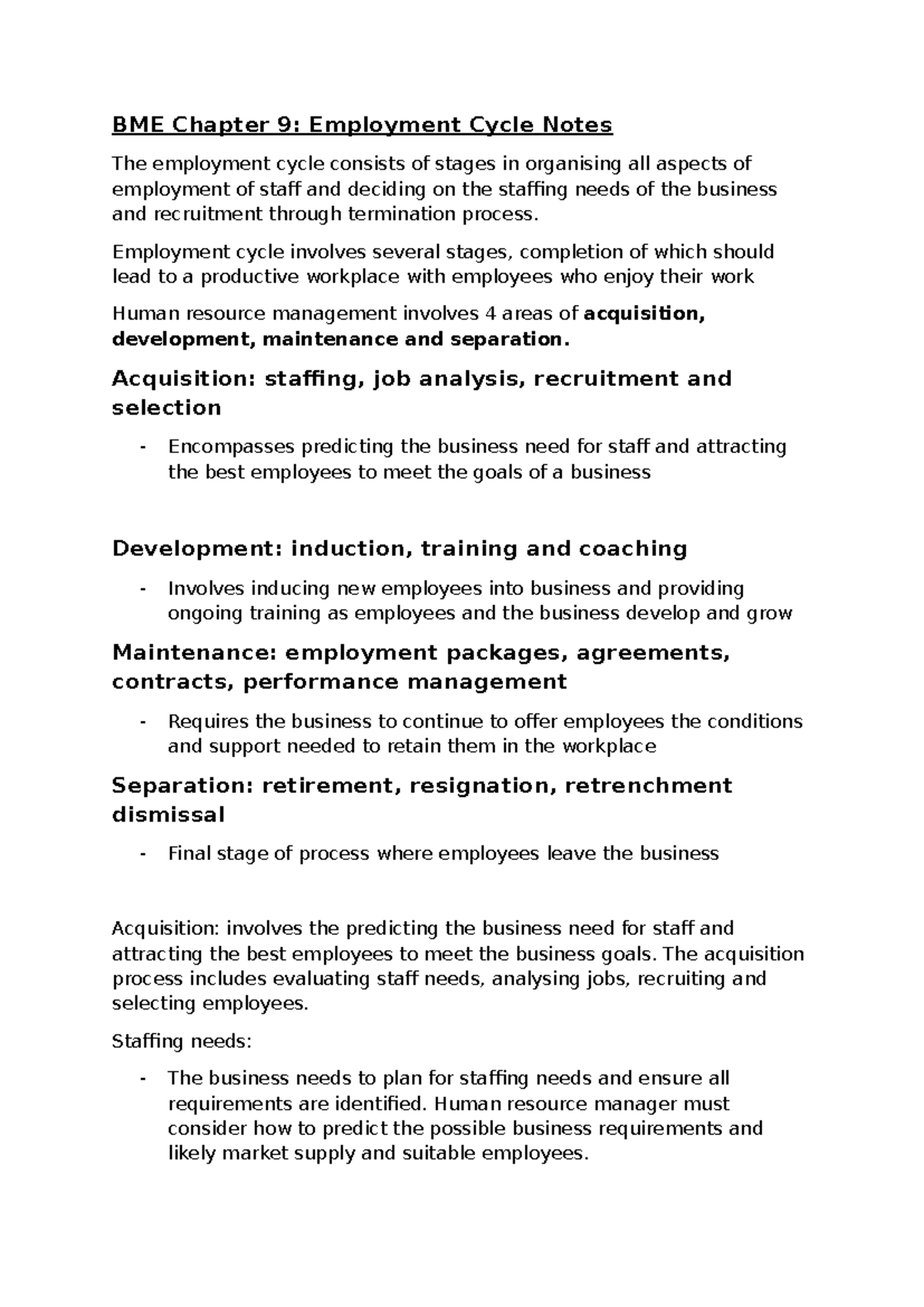 BME Chapter 9: Comprehensive Notes on the Employment Cycle - Studocu