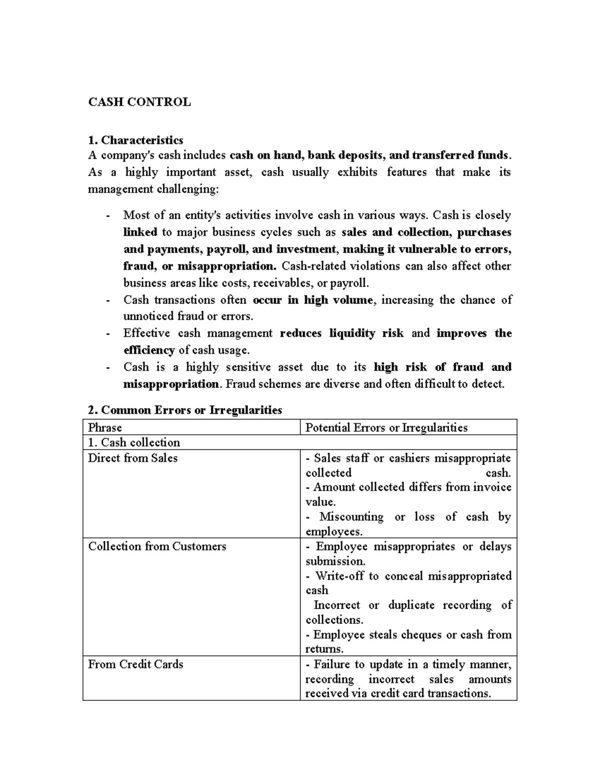 Chapter 7: Cash Control - Characteristics, Errors, and Fraud Prevention ...