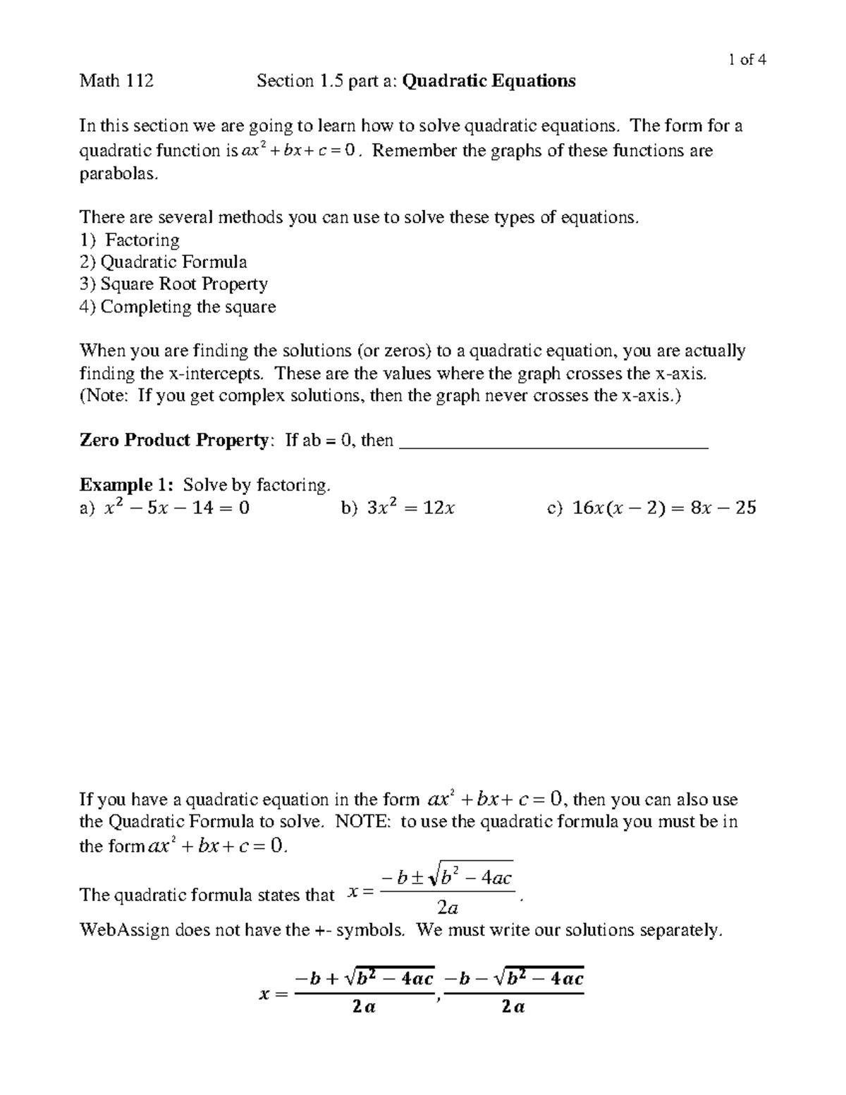 Math 112: Quadratic Equations - Section 1.5 - Studocu